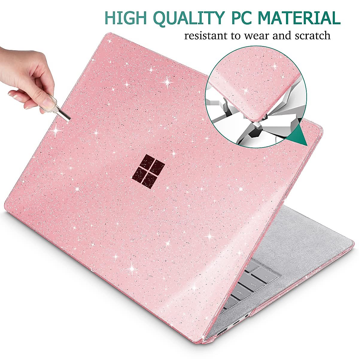 May Chen Case for 13.5" Microsoft Surface Laptop 3/4/5 with Alcantara Palm Rest Model 1867 1958 1950 (2019 2021 2022), Plastic Hard Shell Case with Keyboard Cover + Screen Protector, Pink Glitter