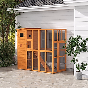 PawHut Outdoor Catio, Cat House Wooden Feral Cat Shelter, Cat Cage with Platforms, Waterproof Asphalt Roof, Ramps, 77" L, Natural