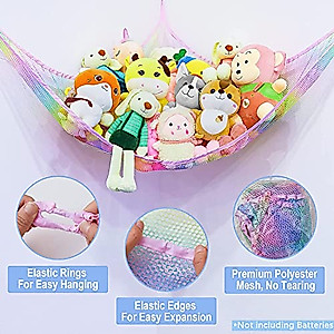 Basumee Stuffed Animals Net or Hammock with LED Light Hanging Toy Net Hammock for Stuffed Animals Storage Stuff Animals Hammocks for Nursery Kids Room with Remote Control, 8 Kinds of Lights, Rainbow
