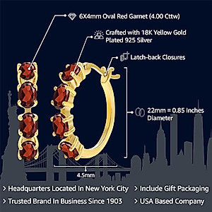 Gem Stone King 18K Yellow Gold Plated Silver Oval Gemstone Birthstone Hoop Earrings | Oval 6X4MM | 22MM | 0.85 Inch | Gold Hoop Earrings For Women