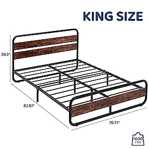 HOMFAMILIA LED King Size Metal Bed Frame with Wooden Headboard & Footboard, Heavy-Duty Metal Oval-Shaped Platform Bed Frame w/LED Lights & Under-Bed Storage, Noise Free, No Box Spring Needed, Brown