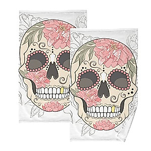 ALAZA Floral Sugar Skull Day of Dead Hand Towels for Bathroom 1OO% Cotton 2 pcs Face Towel 16 x 28 inch, Absorbent Soft & Skin-Friendly