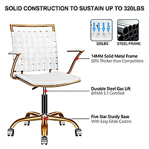 LUXMOD Vanity Chair Gold and White Chair Mid Back Ergonomic Swivel Computer Desk Chair with Arms, Ergonomic White Leather Chair for Lumbar Support & Extra Back,Home Office White Chair for Desk