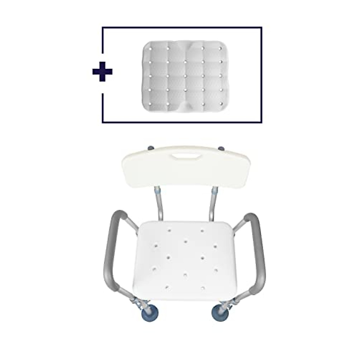 KMINA - Padded Shower Chair with Arms and Back (330 lbs) with Double Reinforced Crossbar and Cushion, Heavy Duty Shower Seat for Adults, Shower Chair for Inside Shower White - Made in Europe