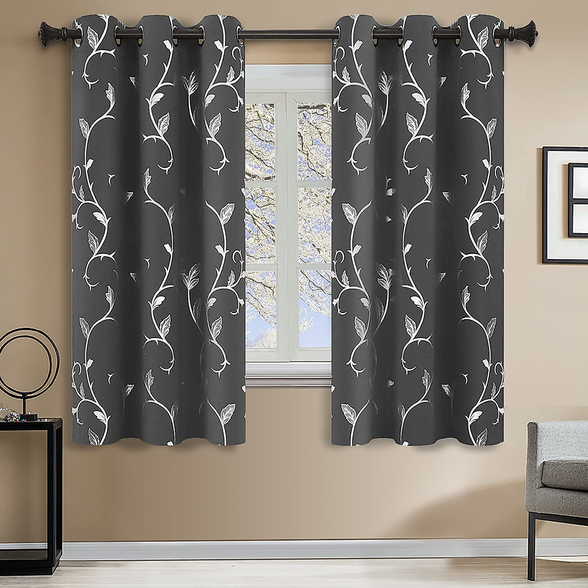 BUHUA Blackout Curtain for Living Room, Grommet Top Black Out Drape, Silver Vine Print Thermal Insulated Room Darkening Curtains 2 Panels for Bedroom (38 x 96 Inch, Dark Grey)