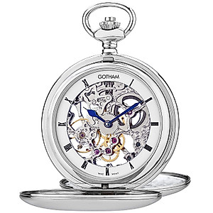 Gotham Men's Chrome Plated Brass Double Cover Exhibition Mechanical Pocket Watch # GWC18804S