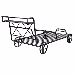 Twin Size Metal Platform Bed Frame with 4 Wheels and Storage Shelf, Car-Shaped Metal Bed with for Kids Teens Boys Girls, No Box Spring Needed, Under Bed Storage (Black)
