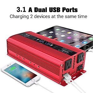 Yinleader Power Inverter 1500W/3000W DC 12V to 110V AC Car Converter with Intelligent LCD Display Dual AC Outlets Dual USB Charging Port for for RV Truck Laptop(Red)