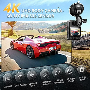 Losfom 4K Dash Cam, Body Camera Built-in 128G & 3500mAh Battery with 11 Hours Recording, Wi-Fi Waterproof Camera with GPS