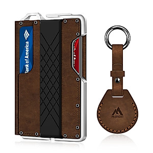MURADIN Tactical Minimalist Wallet for Men, Slim RFID-Blocking Metal Card Holder, Front Pocket Men’s Leather Dapper Bifold Wallet with Money Clip with Keychain for Airtag Crazy Horse