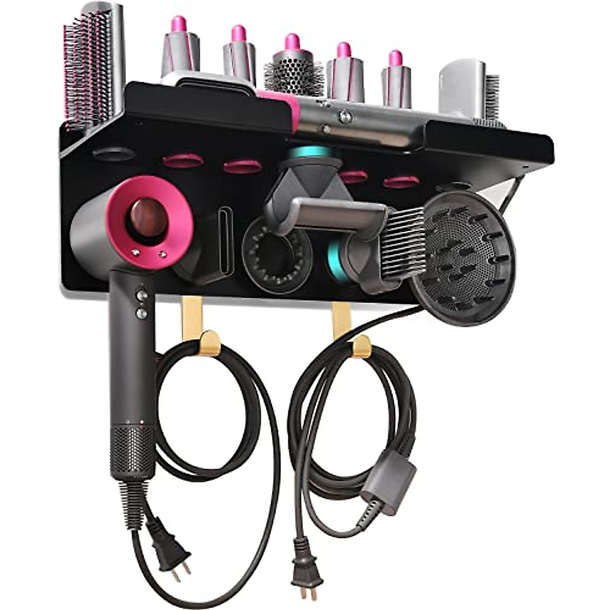 2in1 Wall Mount Holder for Dyson Airwrap Styler & Dyson Hair Dryer, Nail-Free or Perforat to Install, Organizer Storage Rack with Hooks Steel Rings for Curling Barrels Brushes