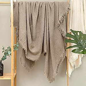 GLORY SEASON 100% Cotton Throw Blanket in Latte Brown Jacqard Weave Fabric with Fringe Soft Warm Cover for Bed Couch and Living Room Sofa,Chair 50x60 Inches