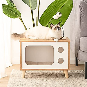 Cat House Wooden Cat Condo Cat Bed Indoor TV-Shaped Sturdy Large Luxury Cat Shelter Furniture with Cushion Cat Scratcher Bell Ball Toys