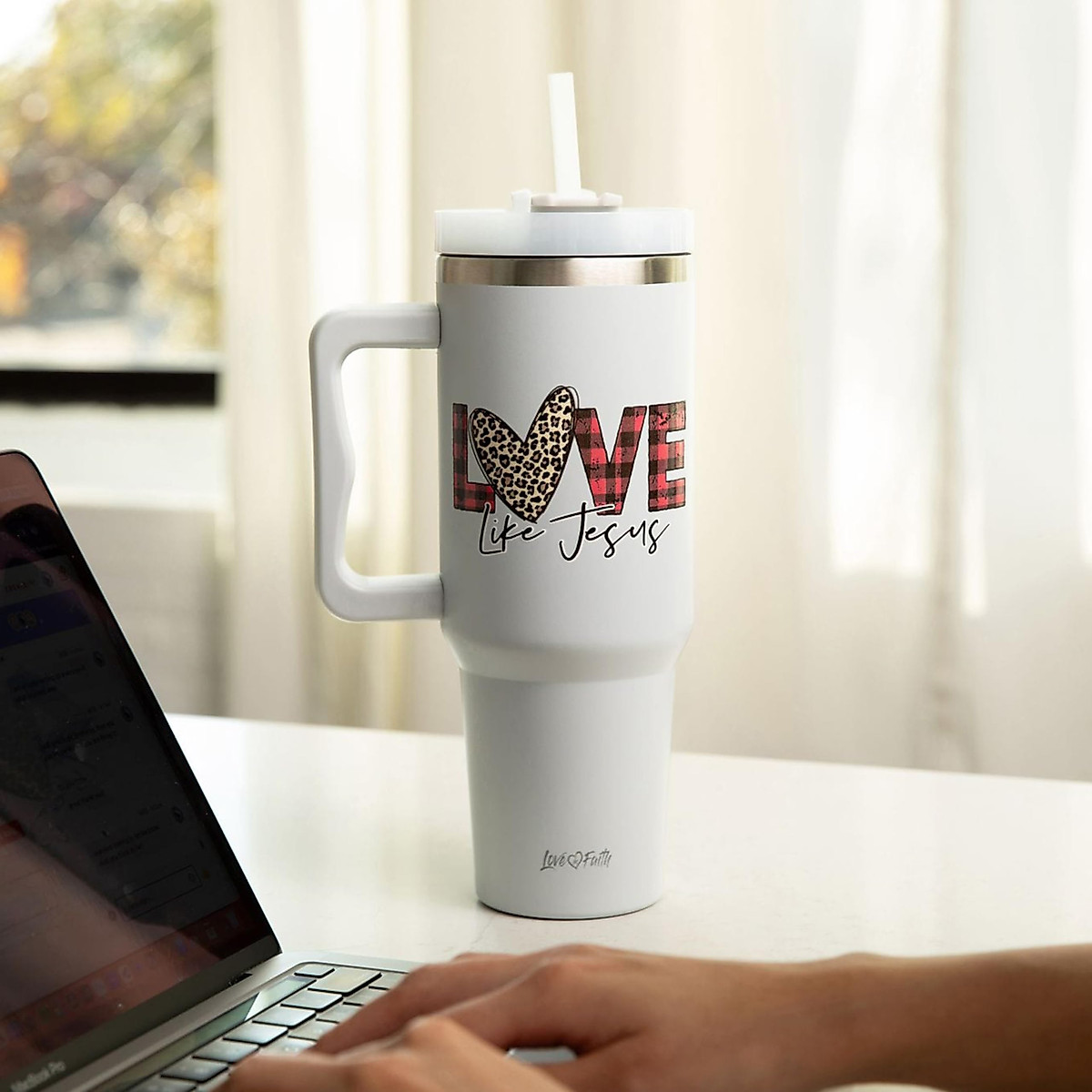 Love in Faith | Stainless Steel 40oz Tumbler with Handle | Vacuum Insulated | Faith-Based Christian Gifts | Christmas | Love Like Jesus Grey