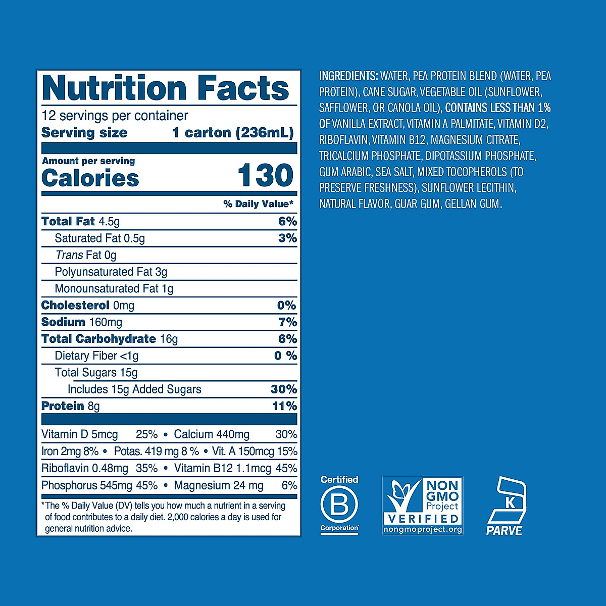 Ripple Non-Dairy Milk, Vanilla | Vegan Milk With 8g Pea Protein | Shelf Stable Single Serve Cartons | On-The-Go | Non-GMO, Plant Based, Gluten Free | 8 oz (Pack of 12)