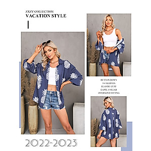 ZXZY Women Pineapple Printed Lapel Collar Half Sleeves Buttons Down Blouse Shirt (Blue, Large)