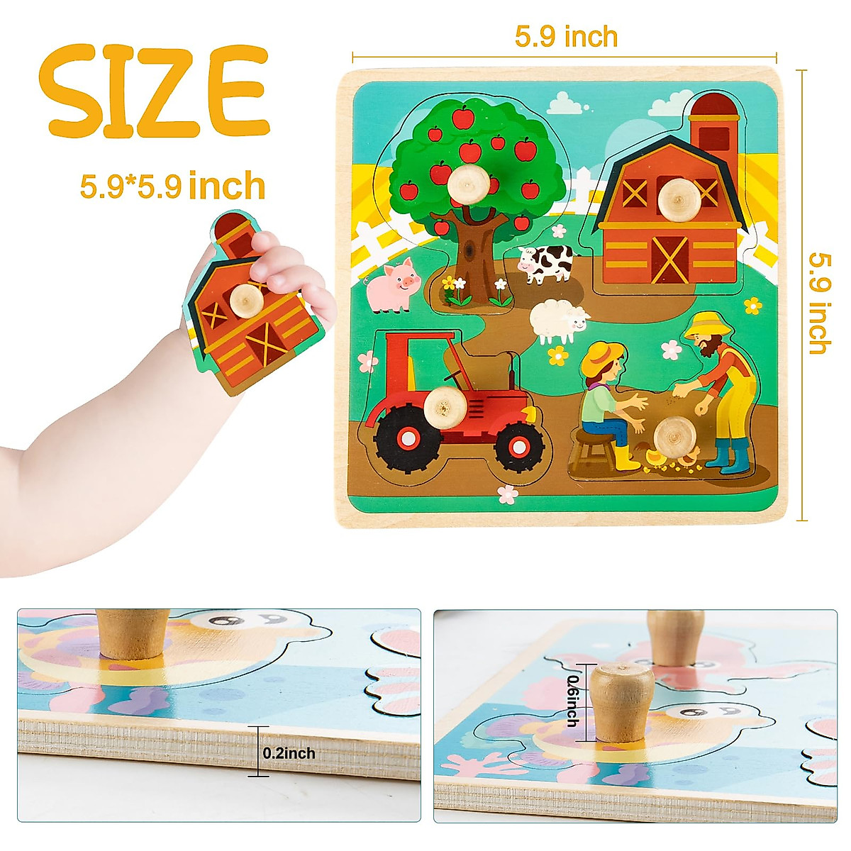 Wooden Toddler Puzzles, Funsland Peg Puzzles Gifts Toys, 4 Pcs Eco Friendly Animal Patterns Jigsaw with Handles, Infant Kid Fine Motor Skill Learning Educational Montessori Puzzles for 1 2 3 Years Old