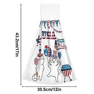 2 Pack USA Happy 4Th of July Hanging Kitchen Towel Cute Patriotic Cats Hand Towels Soft Coral Velvet Loop Dish Towel for Bathroom Washcloth Absorbent Tie Towel