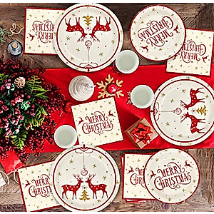 Merry Christmas Reindeer Party Supplies Tableware Set 24 9" Dinner Plates 24 7" Plate 24 9 Oz Cups 24 Lunch Napkin for Holiday Xmas Red & Gold Reindeers Tree Disposable Paper Dinnerware Decorations