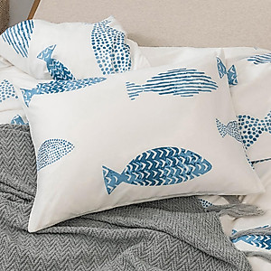 Kids Duvet Cover Twin, 3 Pieces Soft Lightweight Microfiber Duvet Cover Set, Blue Abstract Fish Bedding Comforter Cover Set with Zipper Ties, 1 Duvet Cover and 2 Pillowcases, No Comforter