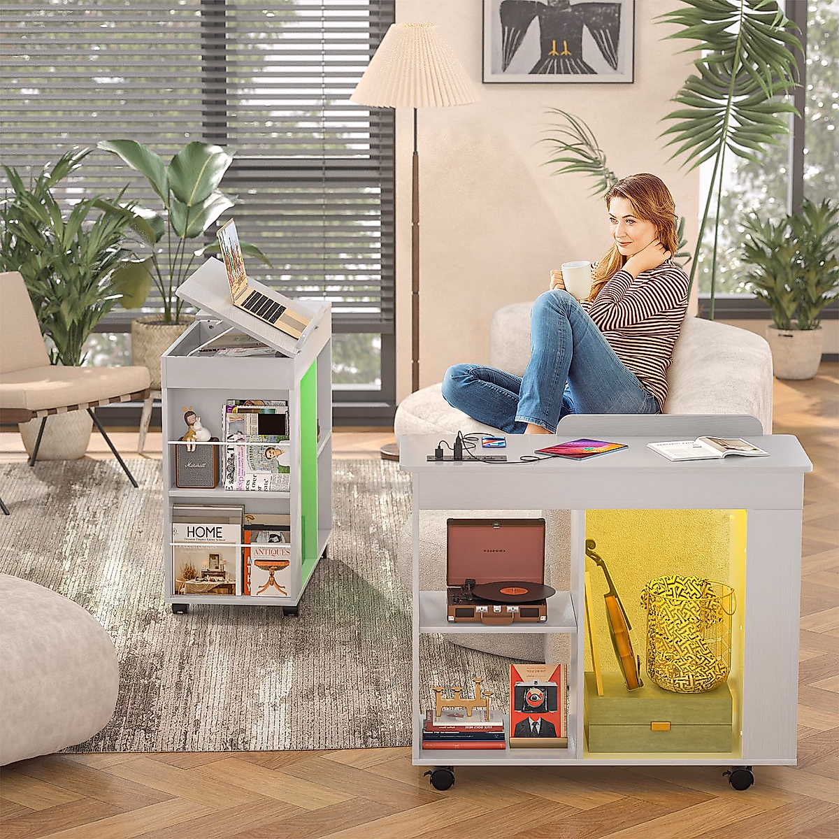 Cyclysio Adjustable End Table, Mobile Side Table with Power Outlets, 3-Tier Laptop Table with Adjustable Top Board, Storage Bedside Table with LED Lights, Rolling End Table, Livingroom, Bedroom, Grey