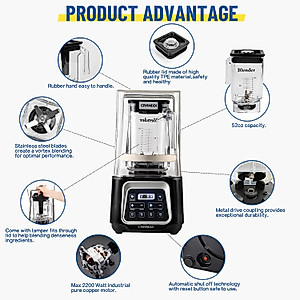 CRANDDI Commercial Smoothie Blender, 2200W High-Power Smart Blender with 4 Pre-Programmed Cycles, Professional Blender with Removable Shield, 52oz BPA-free Jar, Upgraded Blade, K80 (Black)