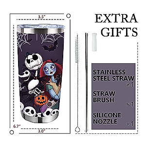 Zzkol Halloween Jack Sally Tumbler with Lid and Straw, Night. m are be. Fore Xmas Spooky Pumpkin Stainless Steel Travel Coffee Cup, 20oz Fall Autumn Double Wall Vacuum Insulated Mug Halloween Gifts