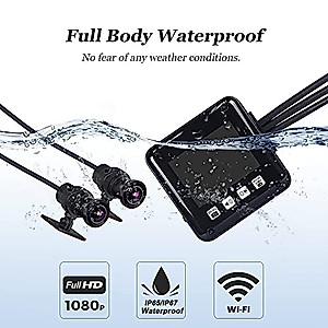 VSYSTO WiFi Motorcycle Dash Cam, 2 Inch Screen All Waterproof HD 1080P WDR SONY307 150° Wide Angle Fisheye Lens Front and Rear Camera, Night Vision, G-Sensor Loop Recording (Black-2Inch)
