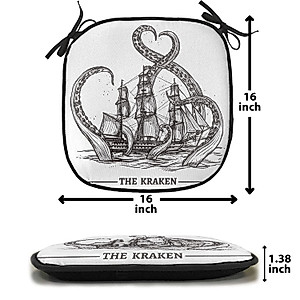 Lunarable Nautical Chair Cushion Pads Set of 2, Octopus Catches Old Sail Ship Monster Adventure Story Themed Art, Anti-Slip Seat Padding for Kitchen & Patio, 16"x16", Charcoal Grey White