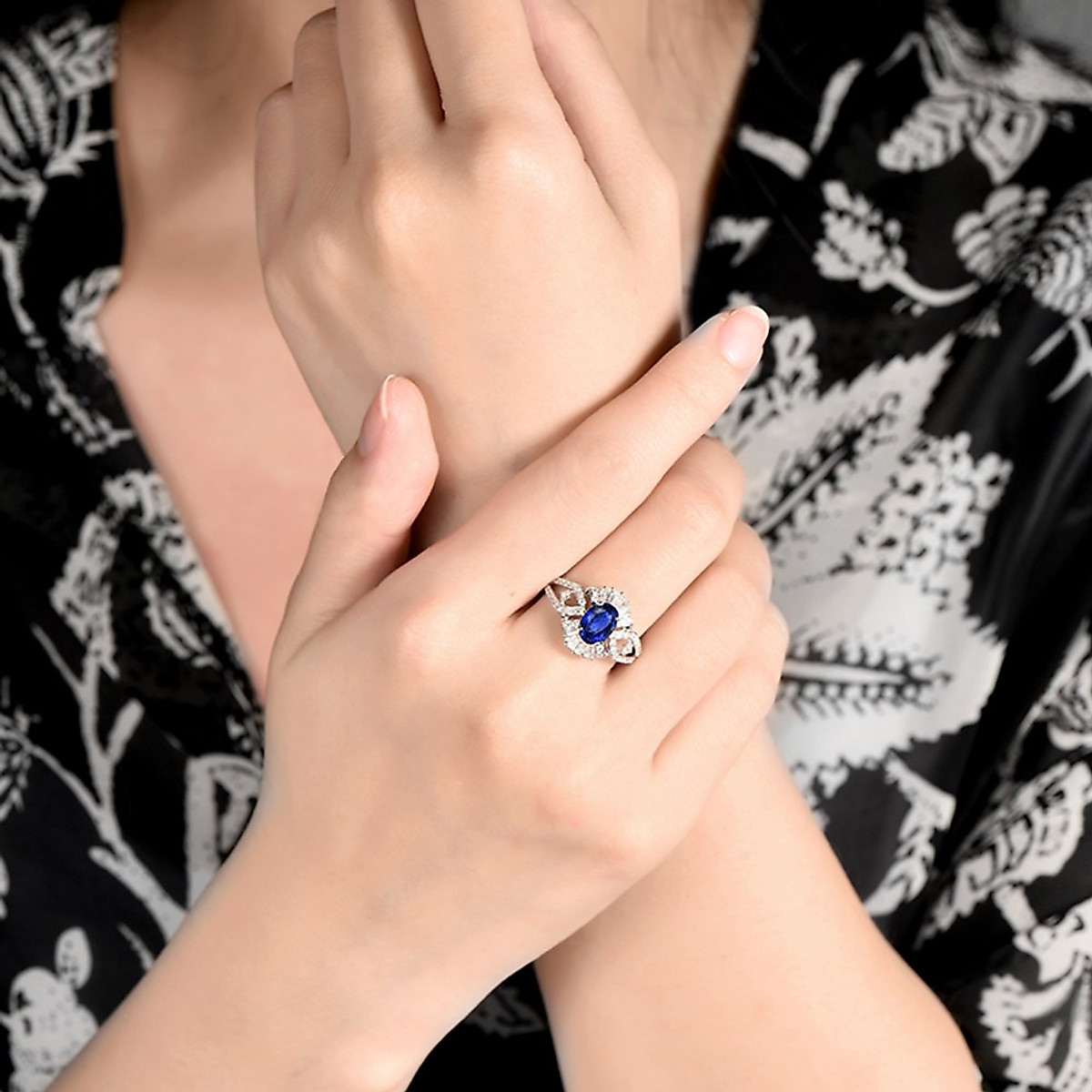 Lanmi 14K White Gold Natural Blue Sapphire Diamonds Ring Engagement Wedding Band for Women