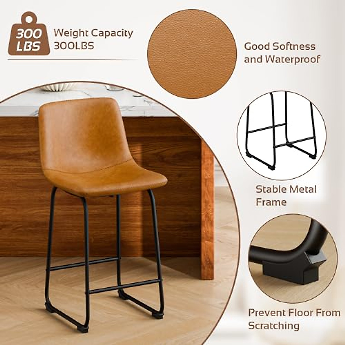 Aowos Bar Stools Set of 4, Modern Counter Height Bar Stools with Back, 26 inch Faux Leather Bar Stools with Metal Legs and Footrest, Urban Armless Dining Chairs for Kitchens Island (Brown)