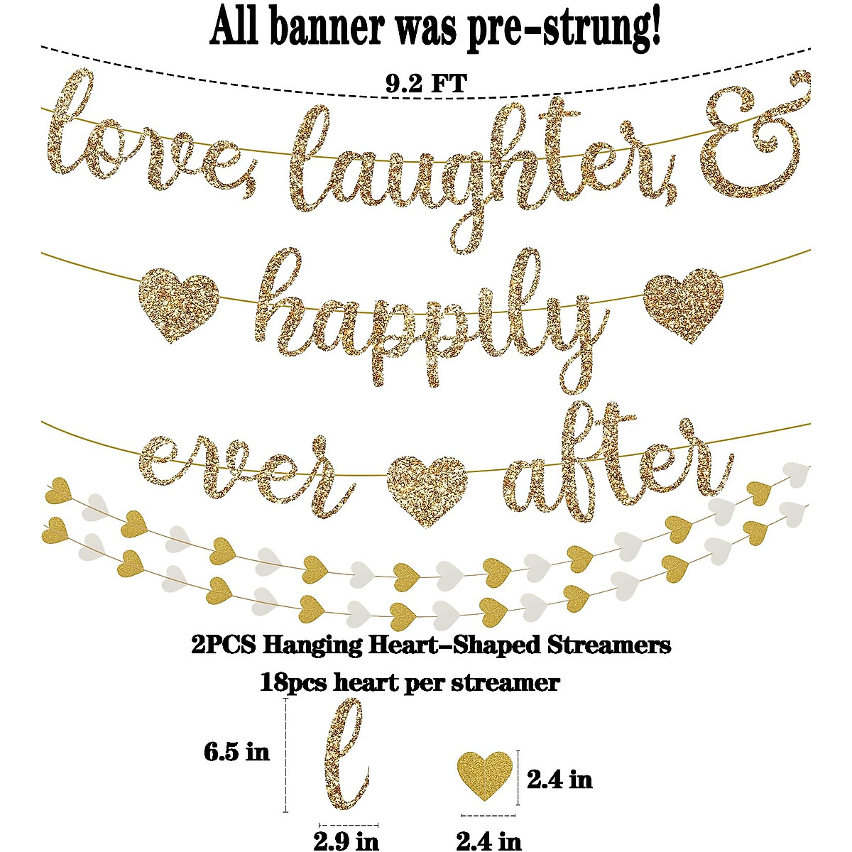 Pre-Strung Love Laughter & Happily Ever After Banner for Wedding Shower Decorations, Gold Glitter Banner Sign with 13FT Heart Streamers Garland for Bachelorette Party Bridal Shower Engagement