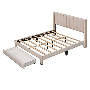 Bellemave Queen Size Bed Frame with A Storage Drawer, Velvet Upholstered Platform Bed with Wingback Vertical Channel Tufted Headboard, No Box Spring Needed, Beige