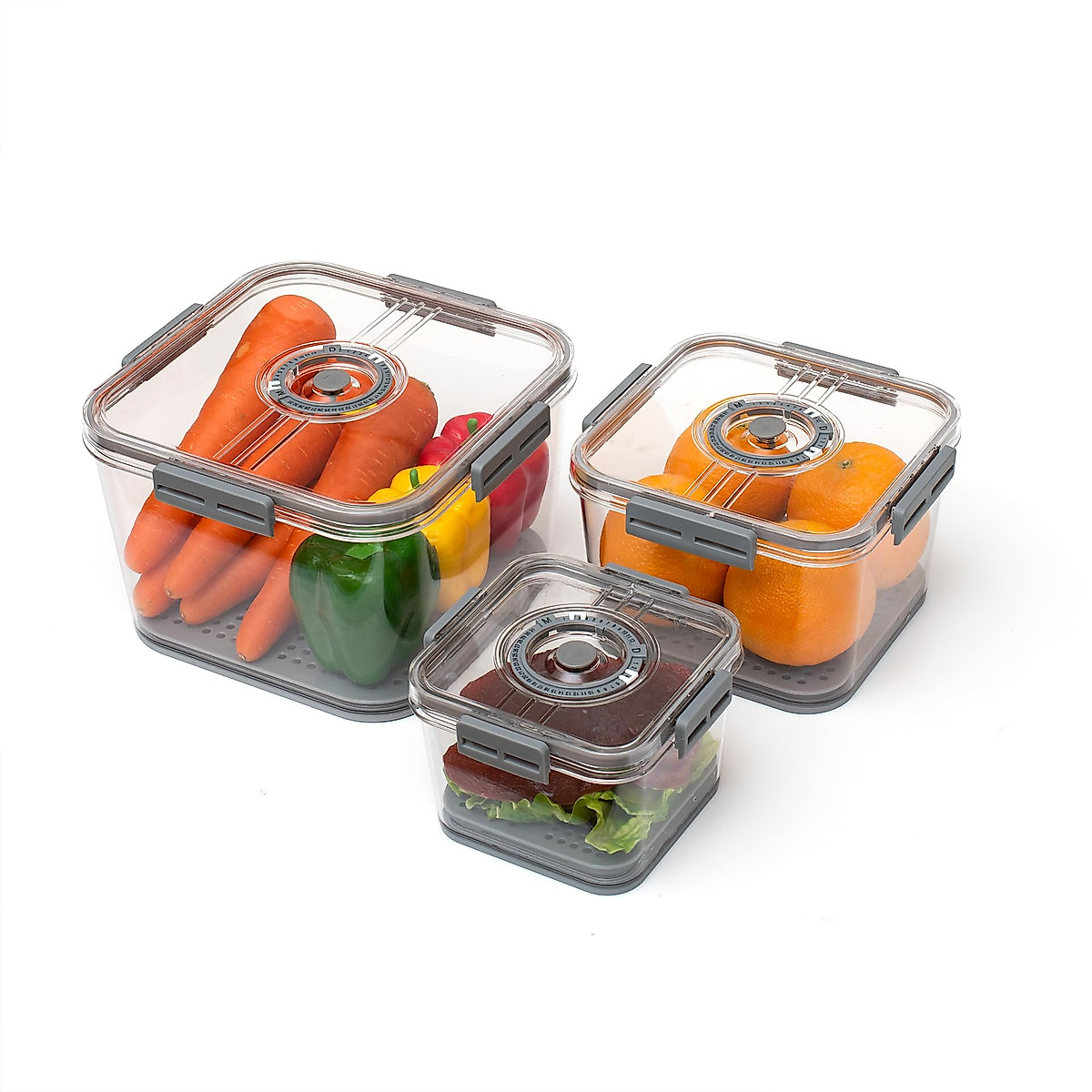 3-pack Vegetable and Fruit Storage Containers for Fridge Organizer Produce Saver Containers for Refrigerator Lettuce Berry Salad Cabbage Keeper , Kitchen Organization with Lids and Air Vents (Grey)