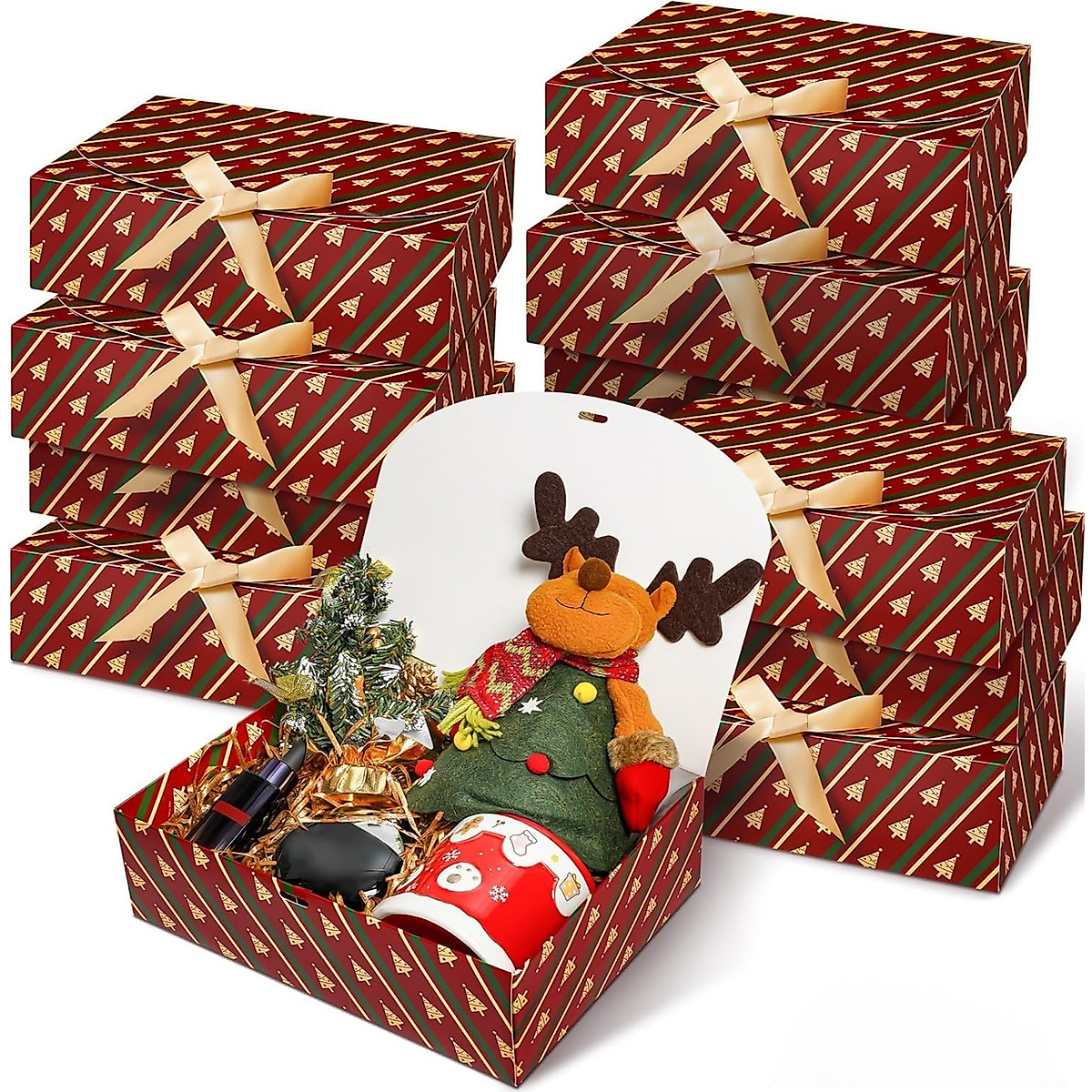 SWANGSA 12 Set Christmas Gift Box with Lids, 10.6''x8''x3'' Kraft Paper Gift Box, Christmas Tree Present Candy Cookie Boxes with Ribbon and 70pcs Adhesive Dots, for Holiday Party Favor Supplies