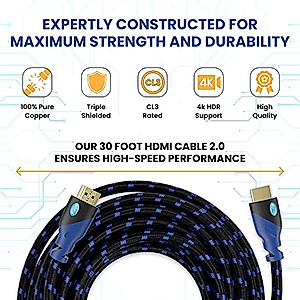 Aurum Ultra Series High Speed HDMI Cable with Ethernet - Braided 30 Ft HDMI Cable Extender Supports 3D and Audio Return Channel up to 4k Resolution - Compatible with TV, PC, Laptops, PS3-1 Pack