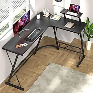 Mr IRONSTONE 63" L Shaped Computer Desk, Corner Desk, Home Office Desk, Gaming Writing Workstation with Large Monitor Stand, Easy to Assemble, Black Willow