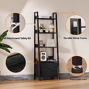 Furologee 5-Tier Ladder Shelf, Narrow Ladder Bookshelf with Drawer, 55.6”Tall Industrial Bookcase Storage Rack Organizer, Freestanding Storage Shelve for Living Room, Home Office, Bedroom, Black Oak