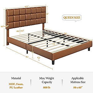 Yaheetech Upholstered Platform Bed Frame with Square Tufted Faux Leather Headboard Height Adjustable, Mattress Foundation Wooden Slats Support No Box Spring Needed, Amber Brown-Queen