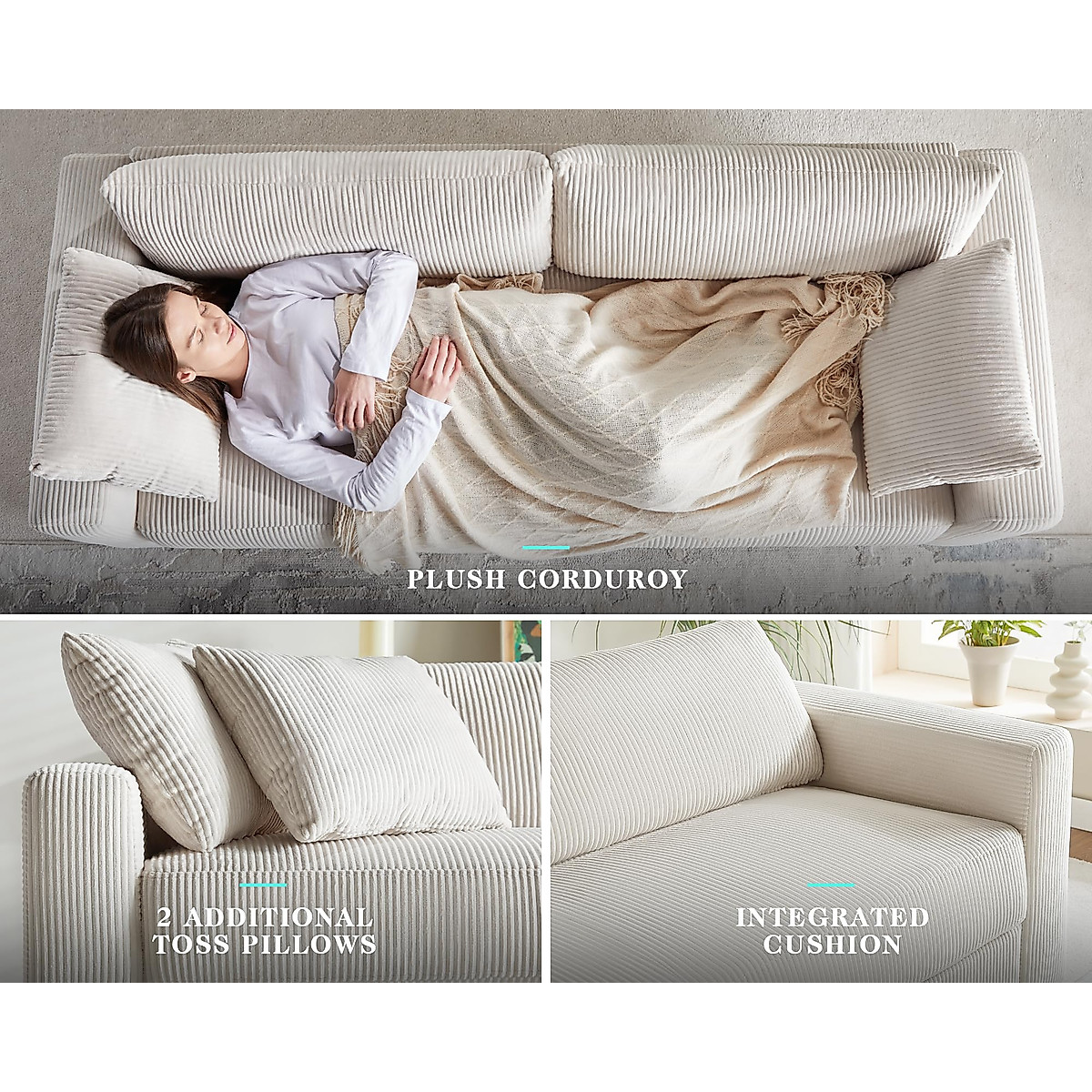 Jocisland Sofa, 3 Seater Comfy Couch, Modern Sofa Couch with Corduroy Upholstered, Couch for Living Room Home Office -White Couch