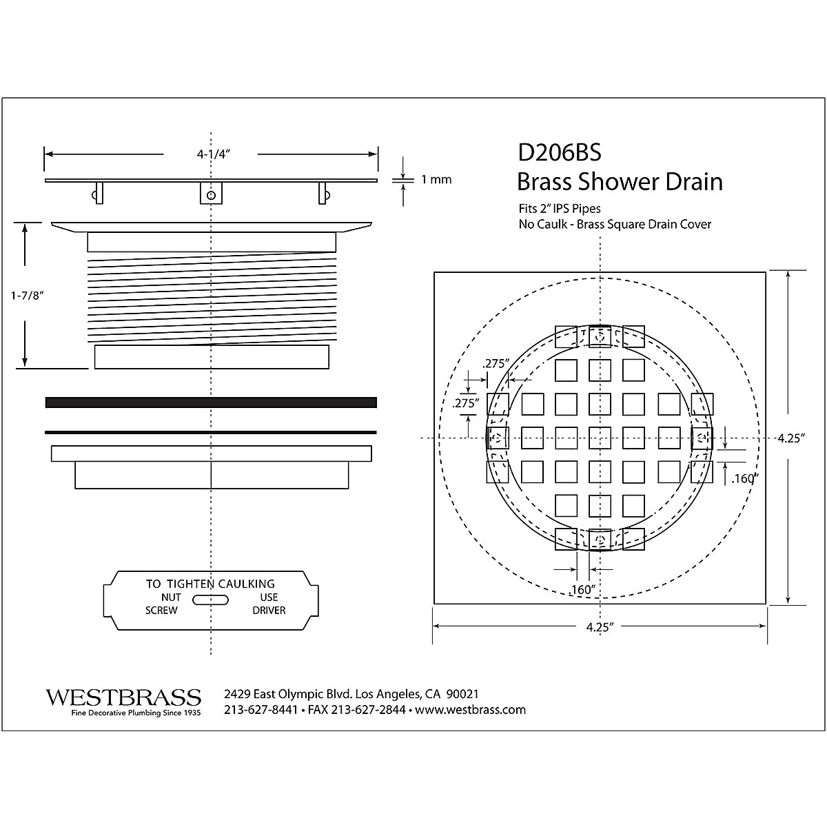 Westbrass D206BS-62 4-1/4" Square Grate Shower Drain Cover with 2" Brass Drain Pipe, Matte Black