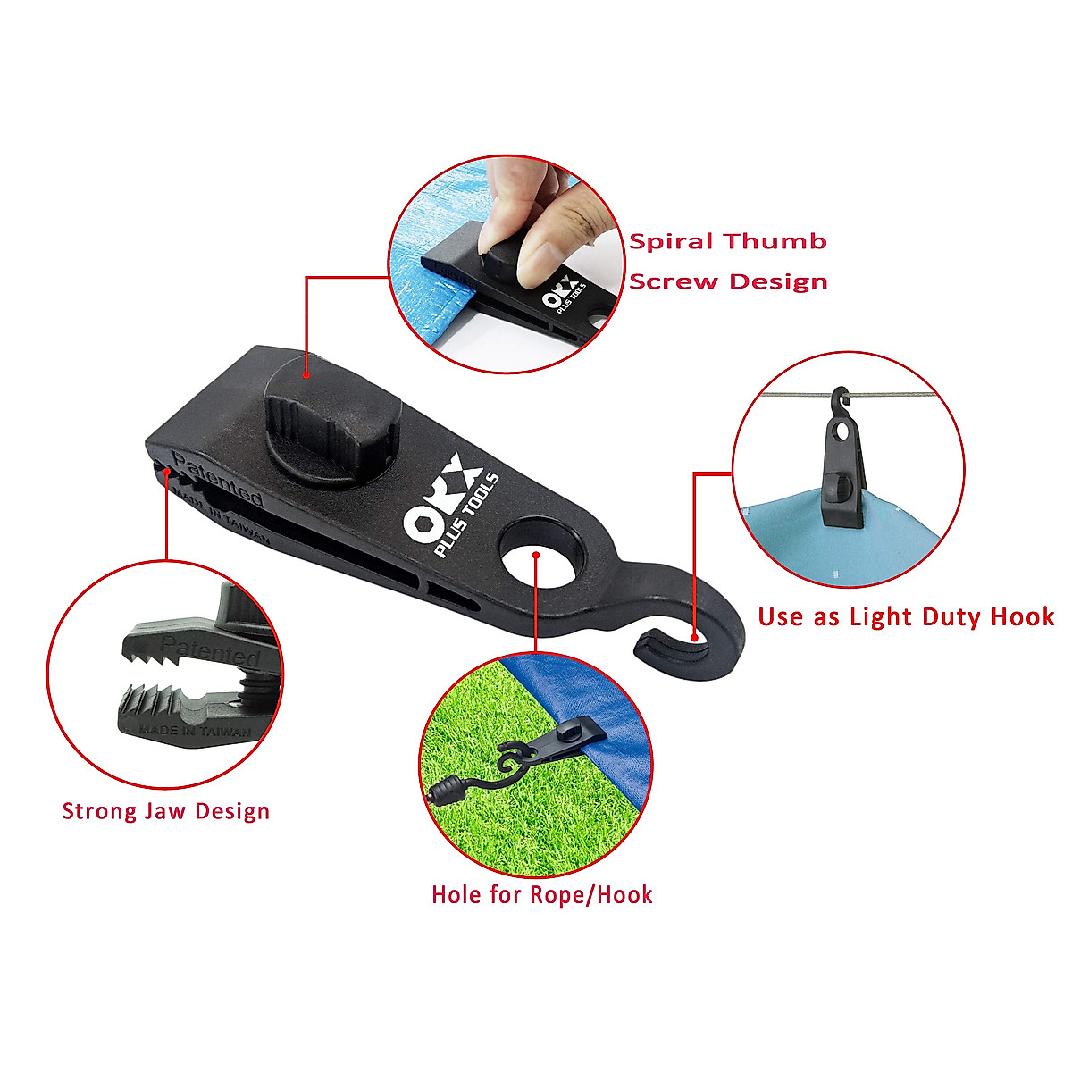 ORXPLUS TOOLS 4pcs Thumb Screw Tarp Clips with Hook Tent Clips Awning Clamp Set Tent Clamps for Camping Canopies, Car Cover, Winter Boat Cover, Pool Cover, Sun Shade