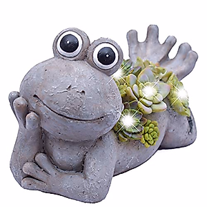 TERESA'S COLLECTIONS Frog Garden Statues with Solar Light, Adorable Resin Lawn Ornaments Green Animal Figurines Sculptures Outdoor Decor for Outside Home Patio Yard Pond Deck Decorations, 7.3 Inch