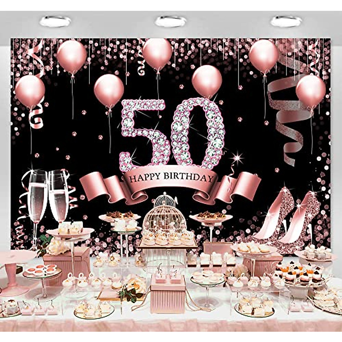 Sensfun Rose Gold Happy 50th Birthday Backdrop for Women Glitter Diamonds Balloons High Heels Birthday Photography Background Fifty Years Old Age Fabulous 50 Birthday Party Decorations Banner 7x5ft