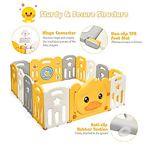 Costzon Baby Playpen, 14-Panel Portable Baby Play Yards with Yellow Duck Pattern, Door with Safety Lock, Indoor Outdoor Foldable Baby Fence with Non-Slip Rubber Bases & Rubber Suction Cups (14 Panel)