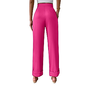 SweatyRocks Women's Elegant High Waist Roll Up Hem Pleated Wide Leg Pants with Pocket Hot Pink M