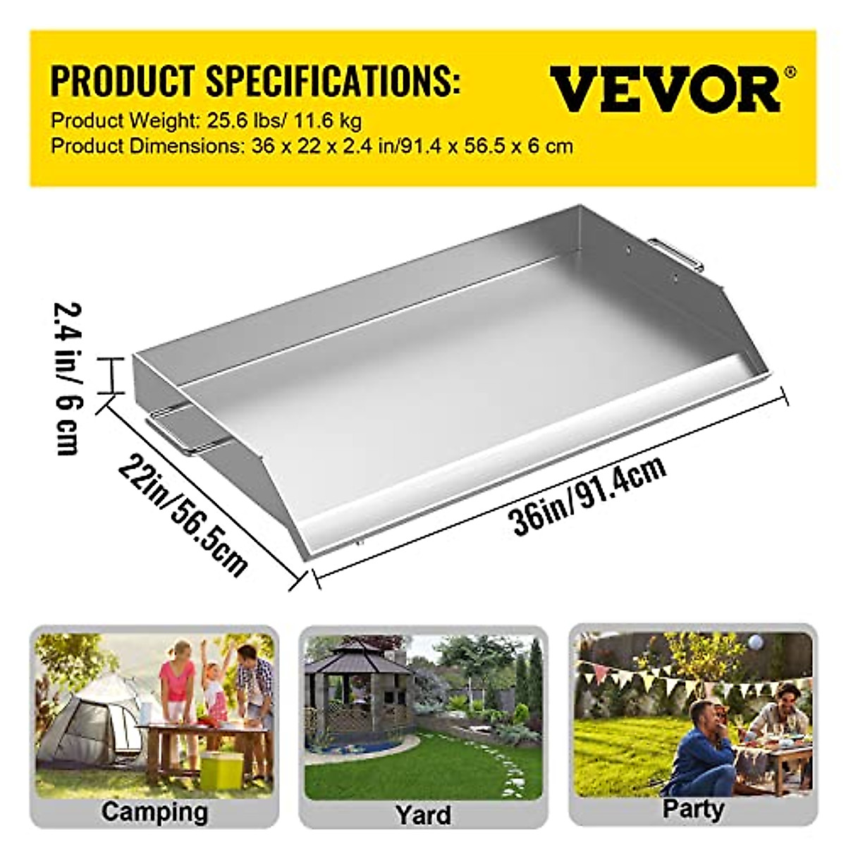 VEVOR Stainless Steel Griddle,36" x 22" Universal Flat Top Rectangular Plate, BBQ Charcoal/Gas Non-Stick Grill with 2 Handles and Grease Groove with Hole，Grills for Camping, Tailgating and Parties