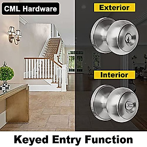 CML Hardware Keyed Entry Door Knob Set, Entrance Door Lock in Solid Stainless Steel for Exterior and Interior, Round Ball Handle, 1 Pack