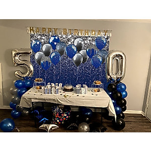 Royal Blue Glitter Backdrop Blue and Silver Black Balloon Sequin Photography Background for Birthday Wedding Graduation Prom Party Banner Decoration Photo Props (8x6FT)