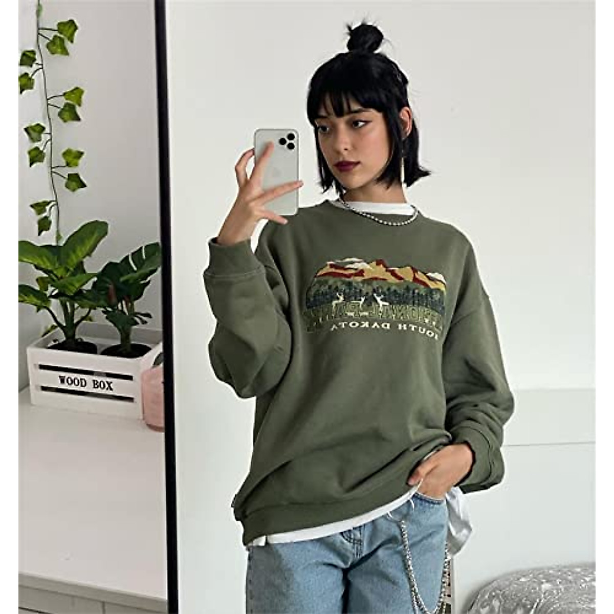 Women Y2k hoodie Zip up Oversized Top Gothic Clothes Alt Sweatshirt Aesthetic Long Sleeve Vintage Punk Blouse (Green Elk, M)